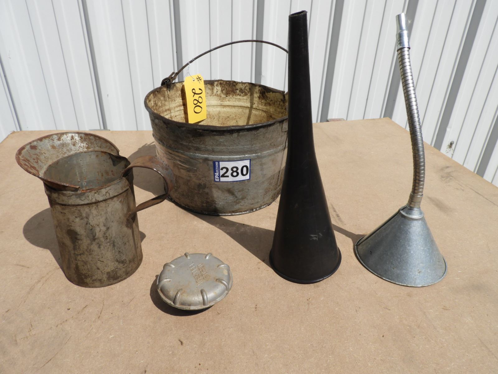 Galvanized metal pail, galvanized oil can. Tidy tank vent cap, (2) funnels