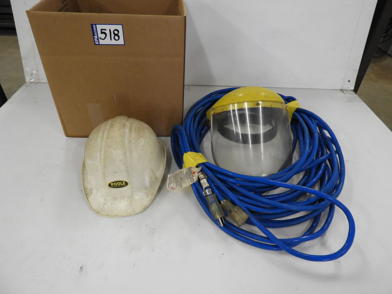 Power cord 100ft indoor/outdoor 12-3 lite end, safety helmet, safety shield