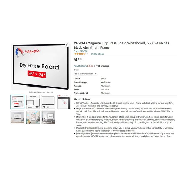 VIZ-PRO Magnetic Dry Erase Board Whiteboard, 36 X 24 Inches, Black ...