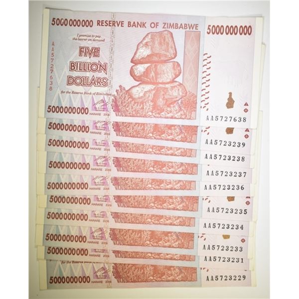 10-BANK OF ZIMBABWE 5 BILLION DOLLAR NOTES CU