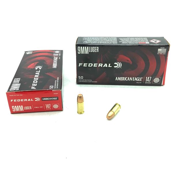 Federal American Eagle 9mm Luger 147 Grain FMJ FP Ammunition, 100 Rounds