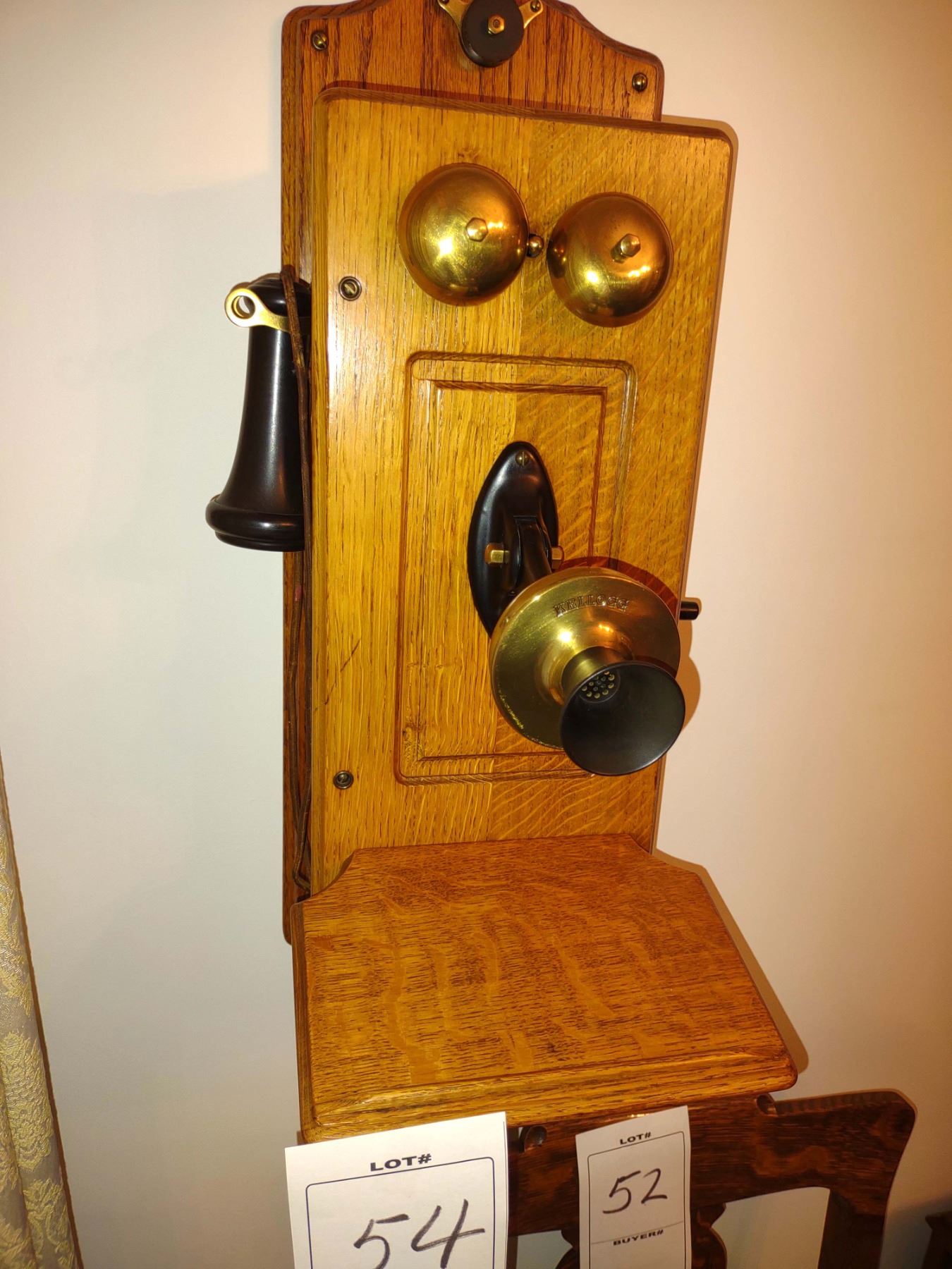 ANTIQUE KELLOGG OAK WALL MOUNT HAND CRANK TELEPHONE, COMPLETE