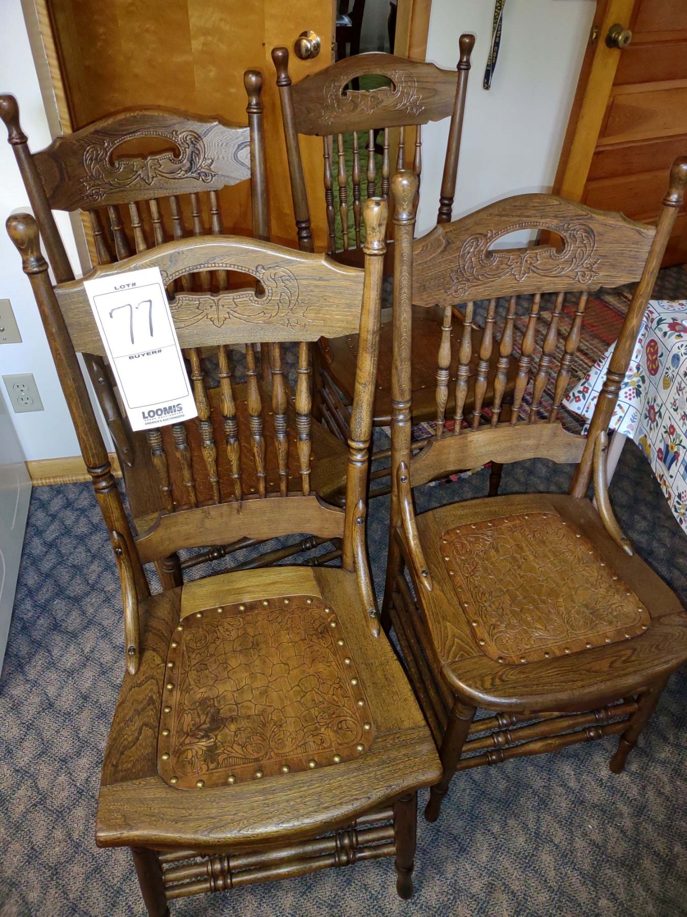 ANTIQUE OAK PRESSED SPINDLE BACK CHAIRS W/ LEATHER SEATS, EXCELLENT ...