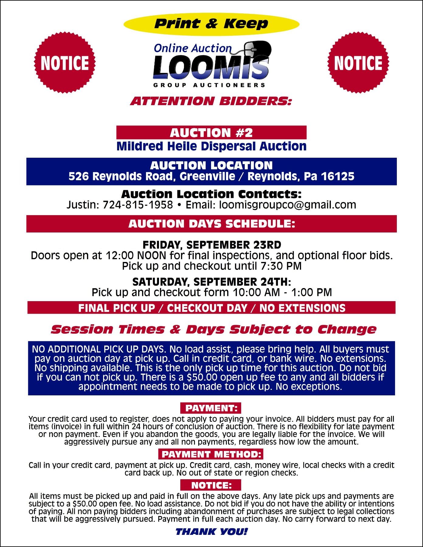 AUCTION DAY / INSPECTION / PICK UP / CHECKOUT