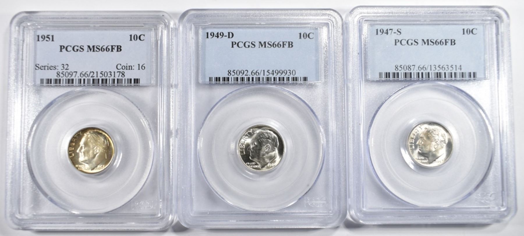 1947 S, 49 D, 51 ROOSEVELT DIMES PCGS MS 66 FB