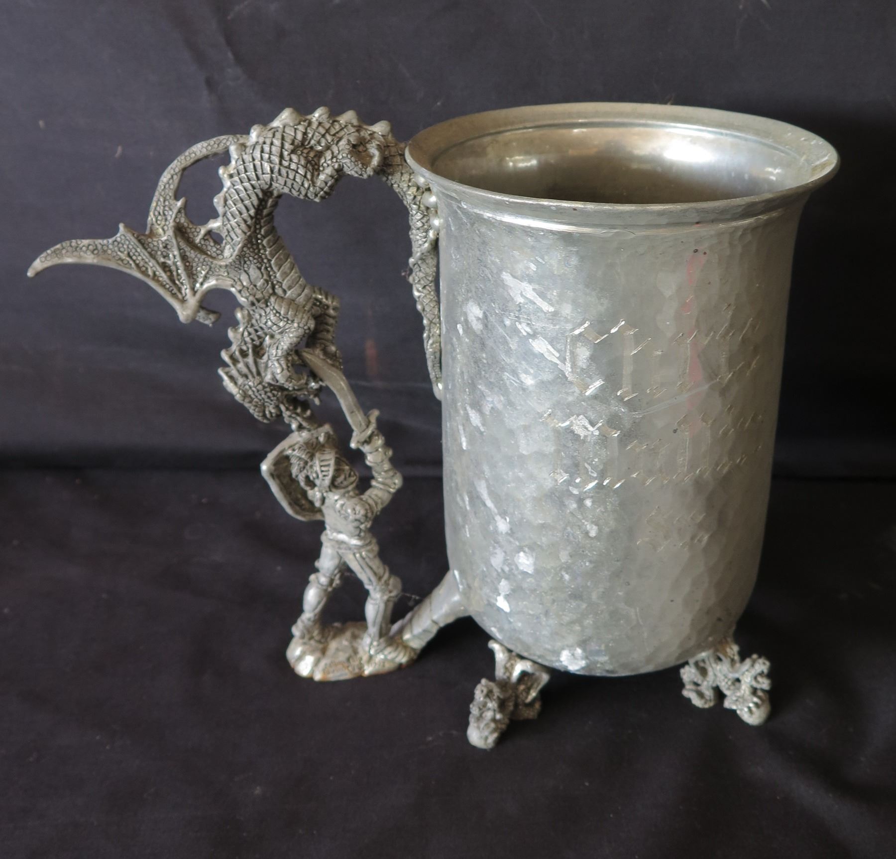 Fellowship Foundry 1992 Metal Mug W Ornate Dragon And Warrior Carved Handle Engraved Oahu Auctions