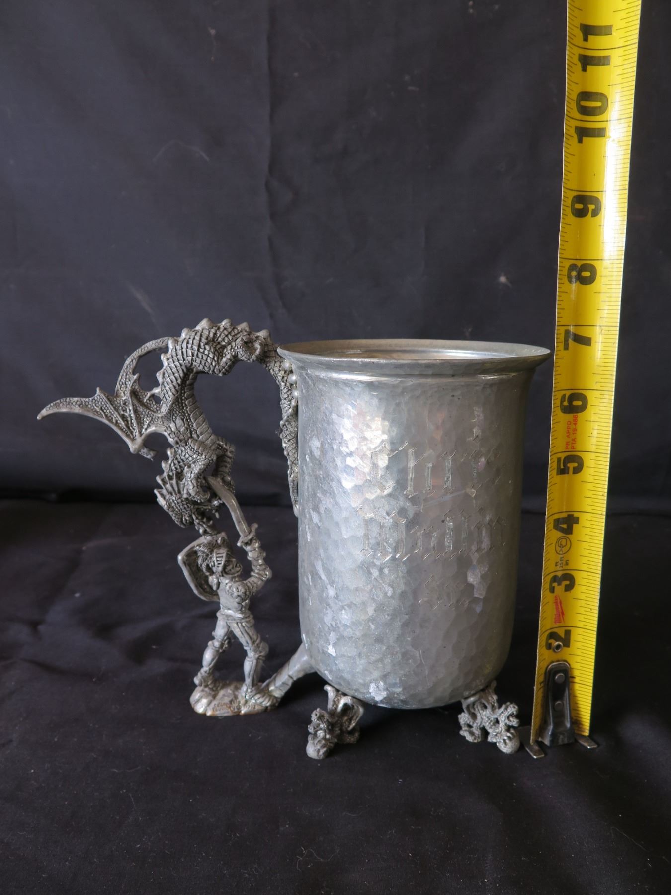 Fellowship Foundry 1992 Metal Mug W Ornate Dragon And Warrior Carved Handle Engraved Oahu Auctions