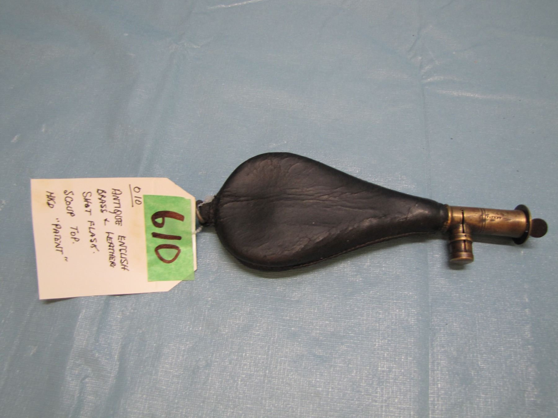 Antique English brass and leather shotgun shot flask scout top