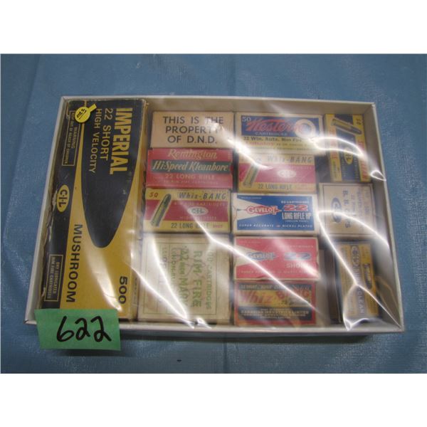 Box of 13 empty 22 caliber collectors cartridges