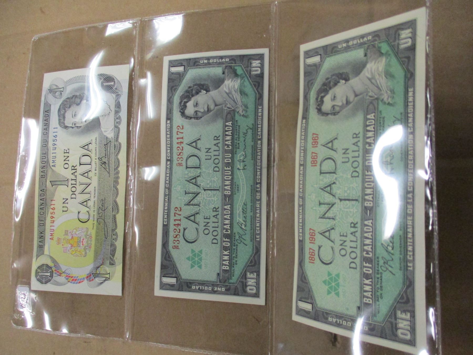1973, 1967 SERIAL NUMBER & 1967 NO SERIAL NUMBER LAST OF CANADA $1 BILLS
