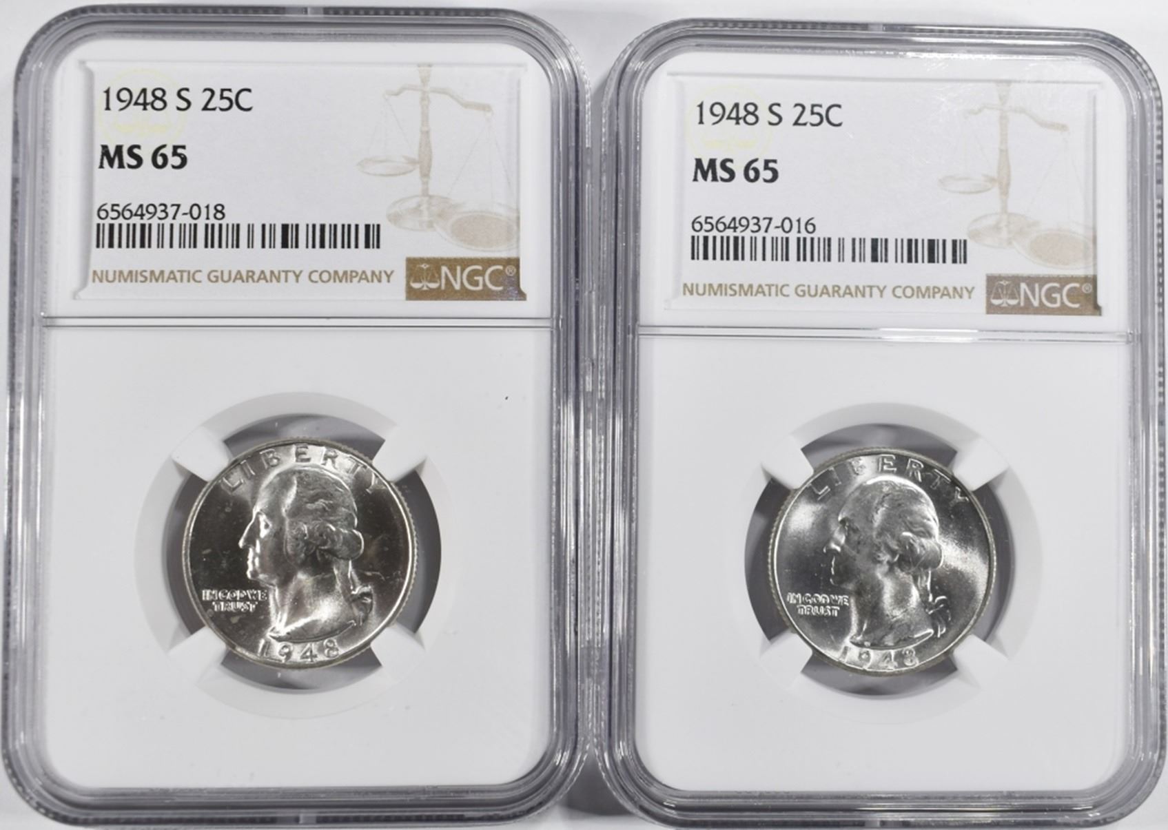 (2) 1948 S WASHINGTON QUARTERS NGC MS 65