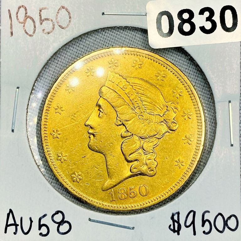 1850 $20 Gold Double Eagle -AU58