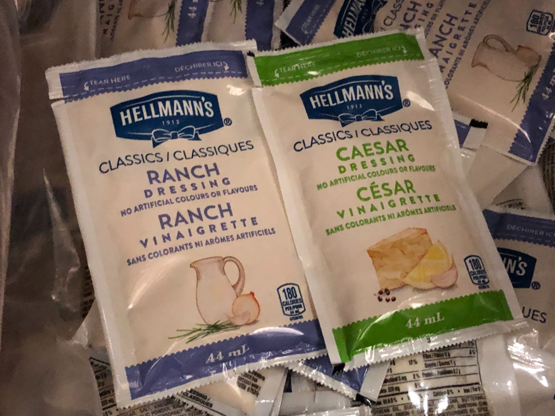 2 boxes full of Hellmann's classic ranch & caesar dressing 44ml packs ...