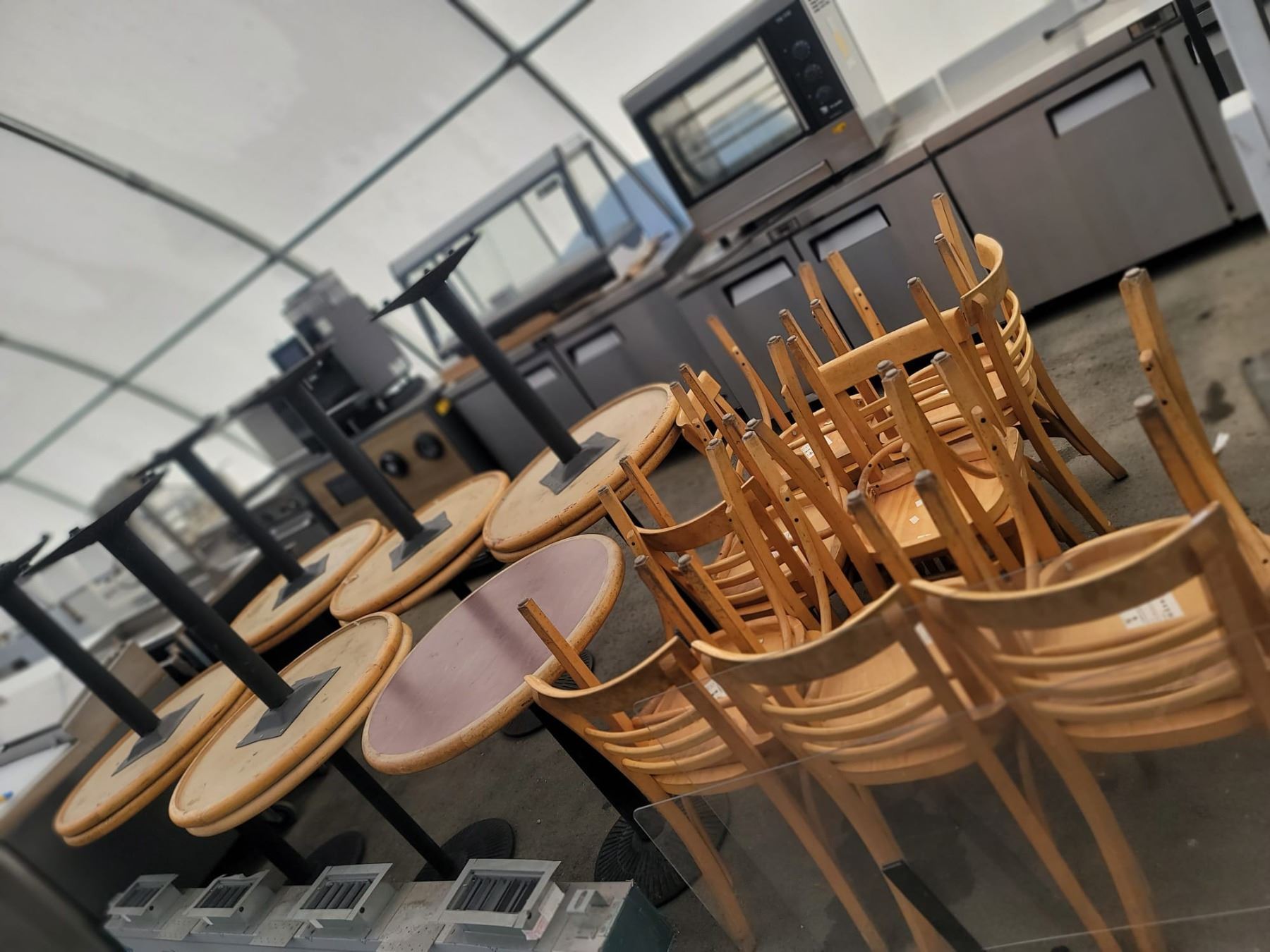 Large Group Of Restaurant Solid Wood Round Tables And Chairs Approx 14