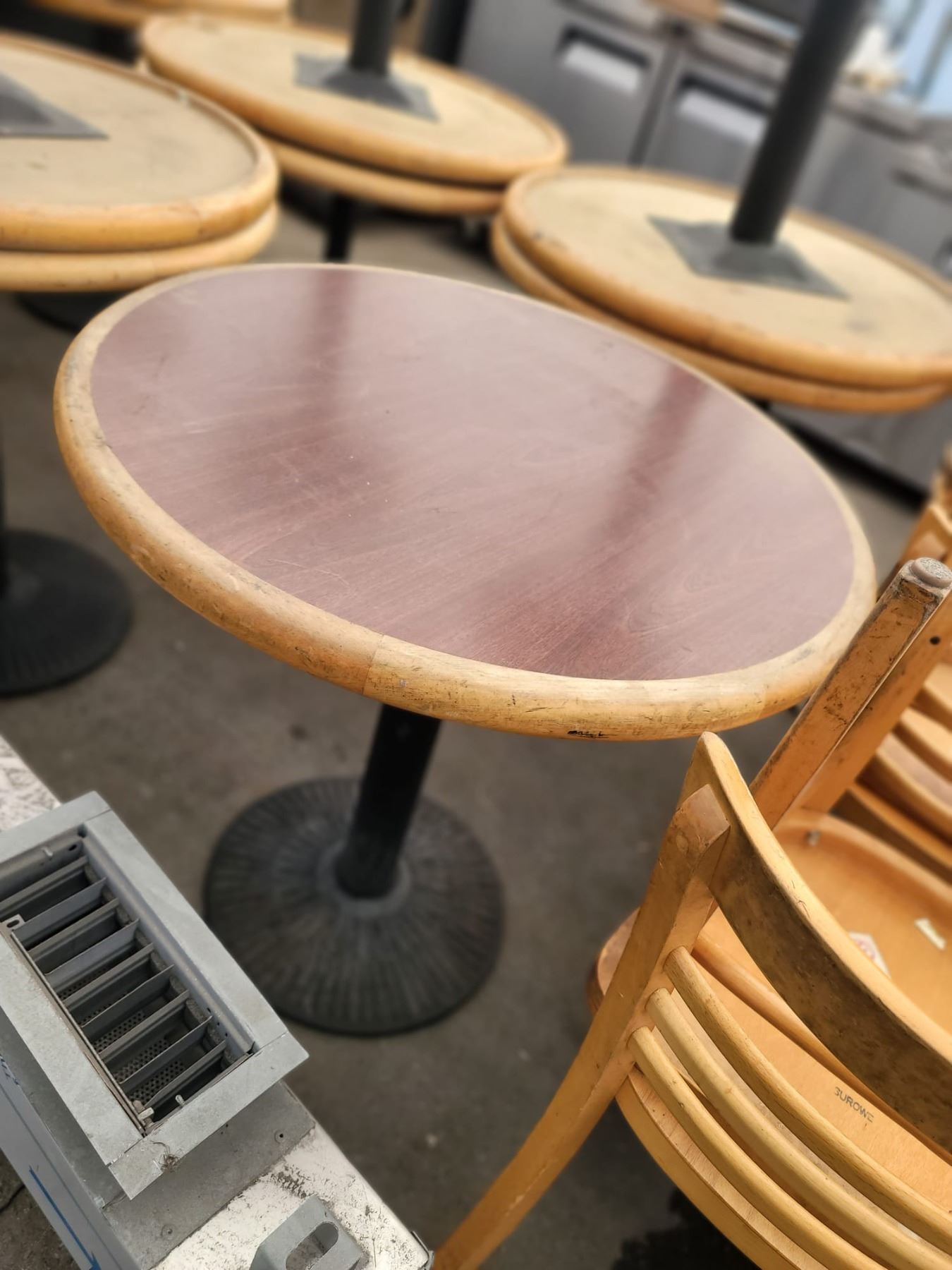 Large group of restaurant solid wood round tables & chairs - approx. 14 ...