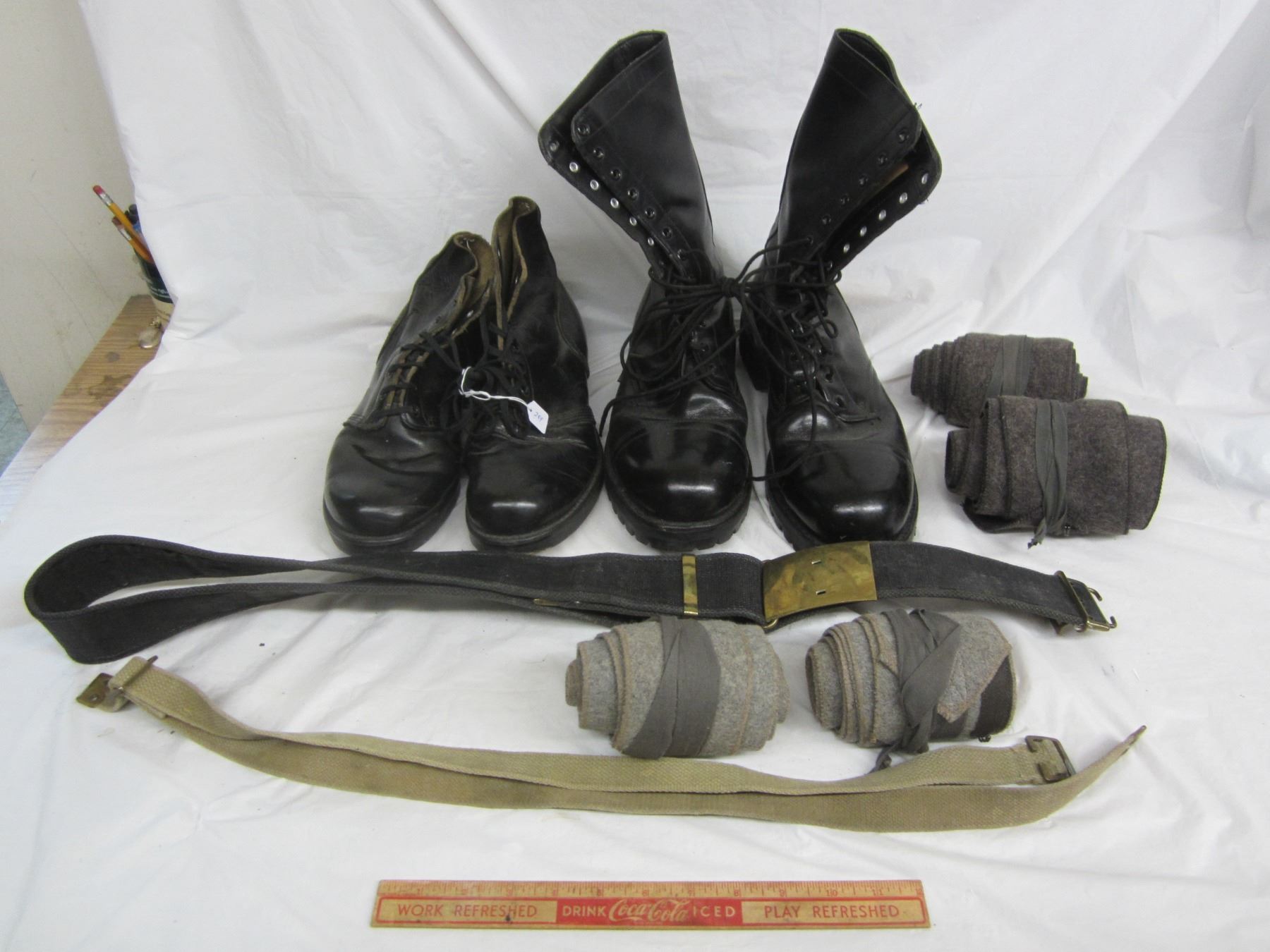 Collection of Canadian Army Clothing Puttees , Boots ,Shoes ect.