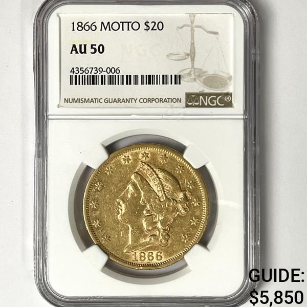 1866 with MOTTO $20 Gold Double Eagle NGC - AU50