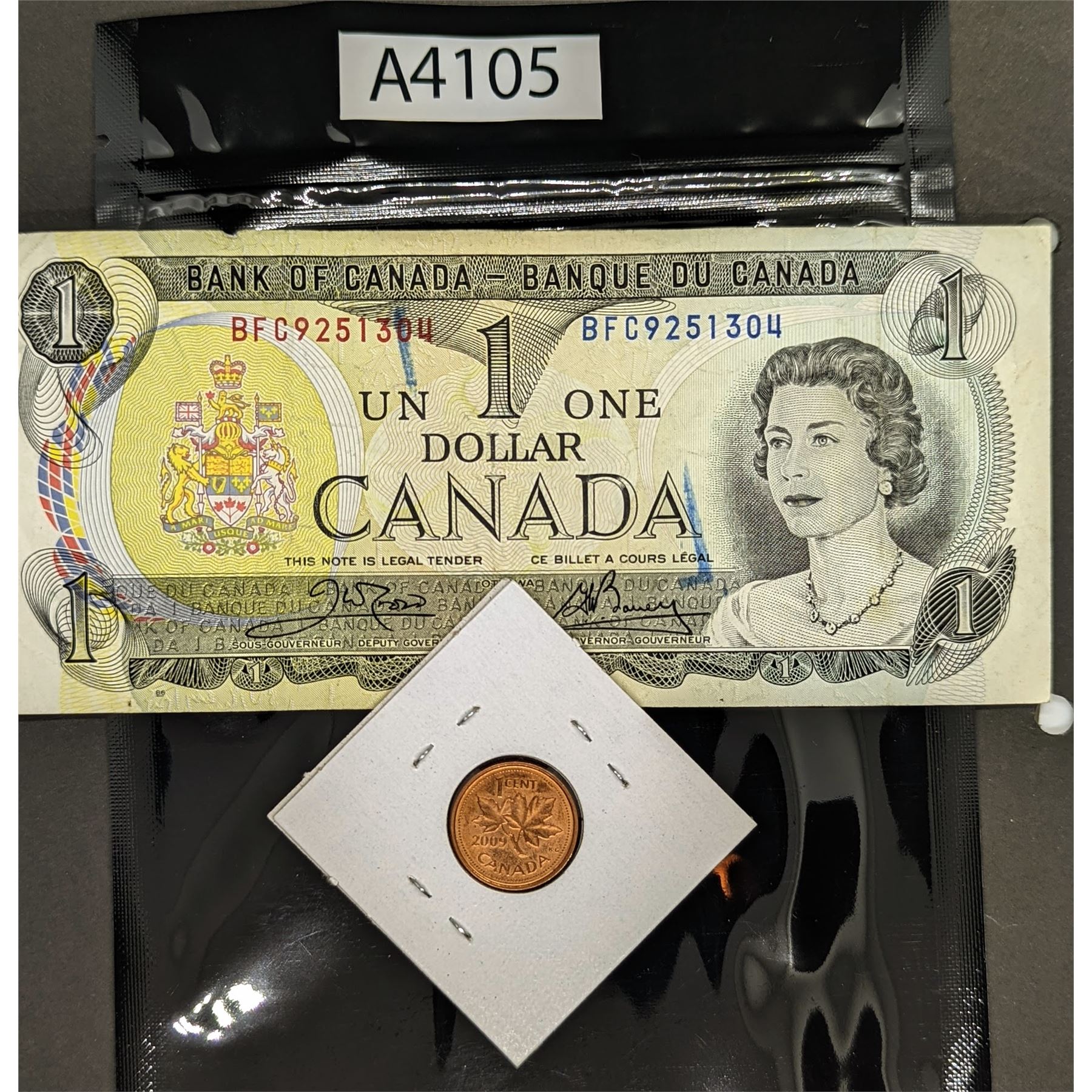 One Canada Dollar Bill Plus 2009 Penny (A4105)