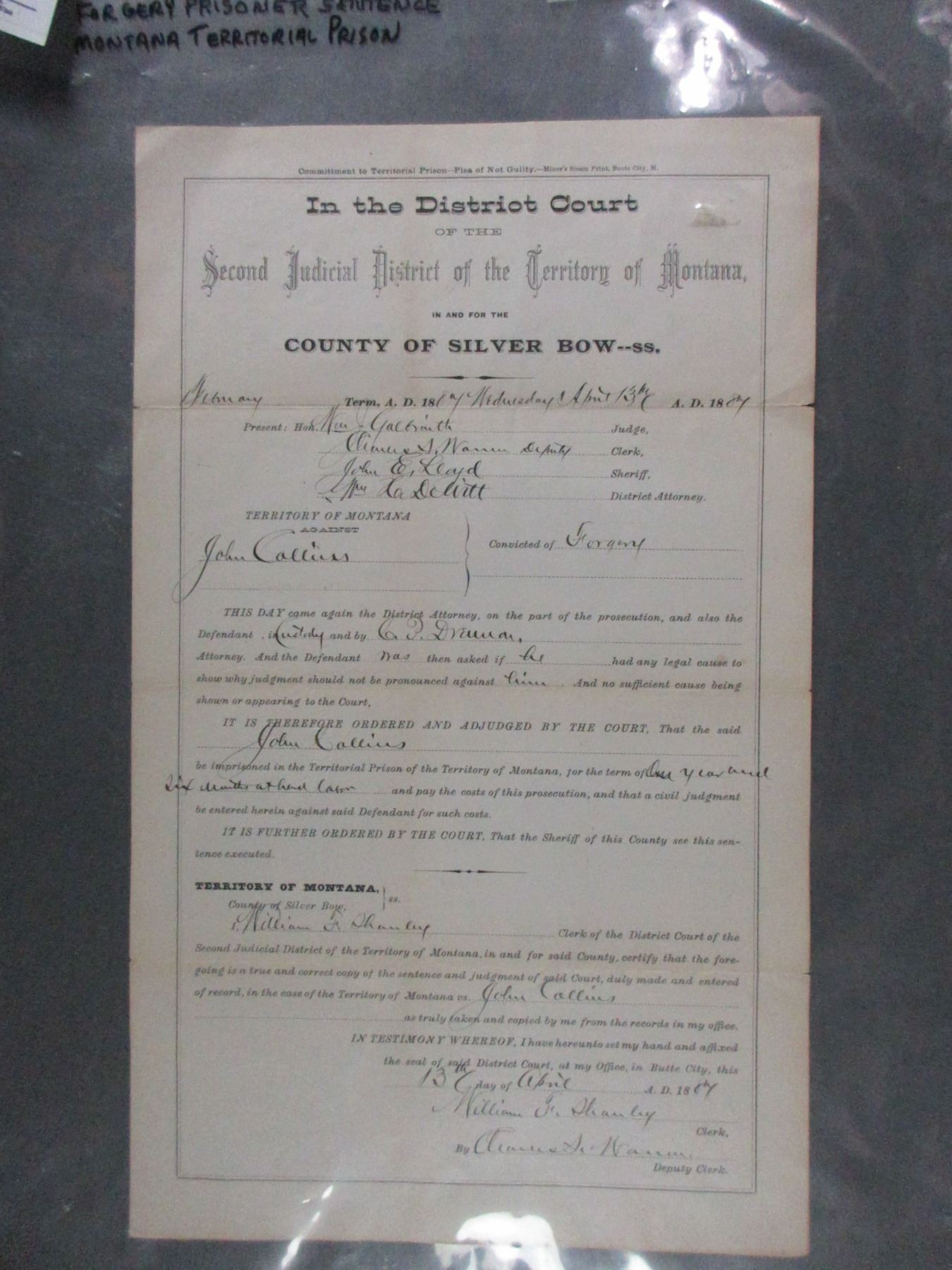 Original 1884 Montana Territorial Silver Bow County Court Document ...