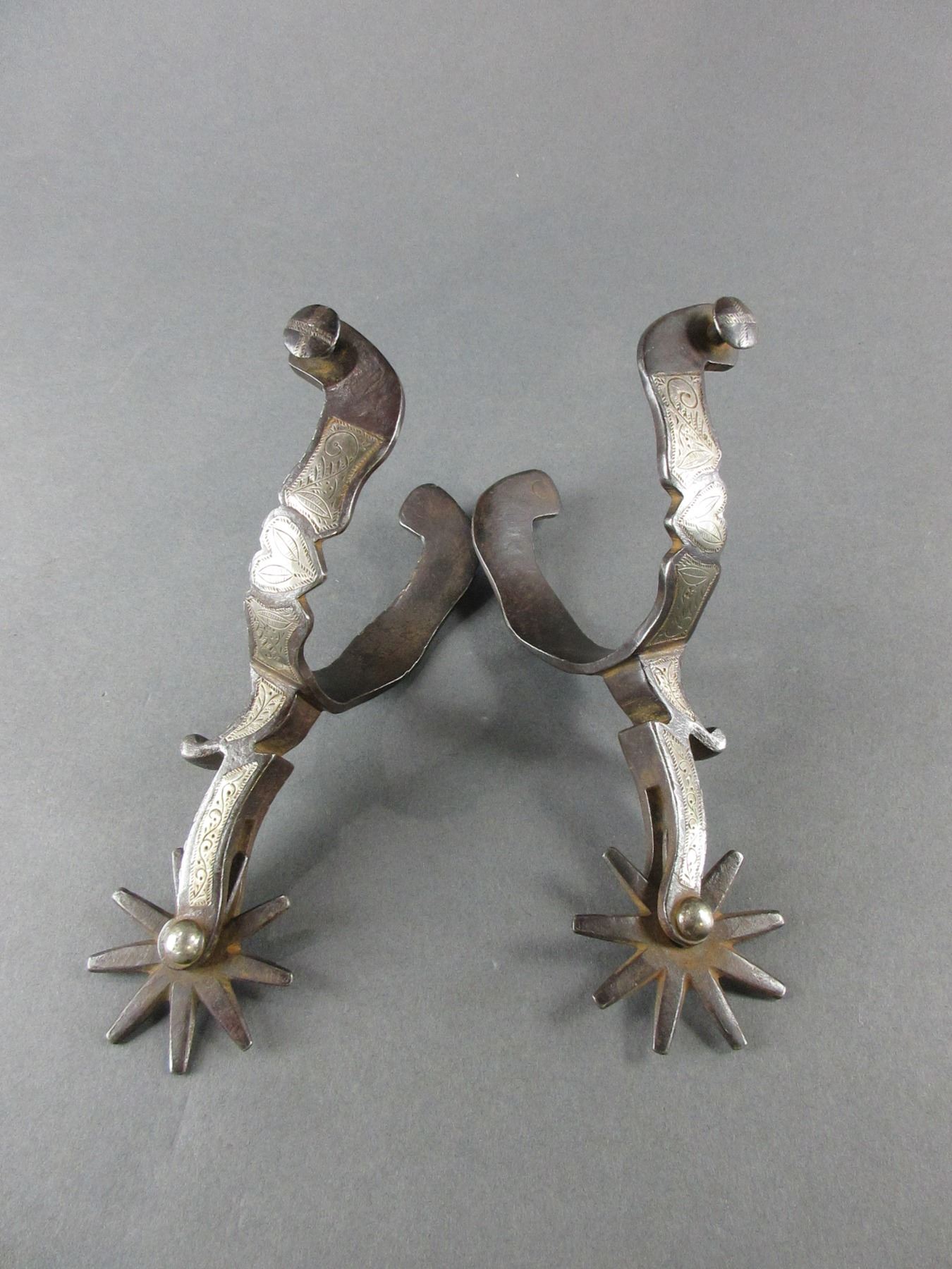 Marked EH (Eddie Hulbert) Silver Inlaid Spurs- .75" Bands- 2.75" Shanks ...