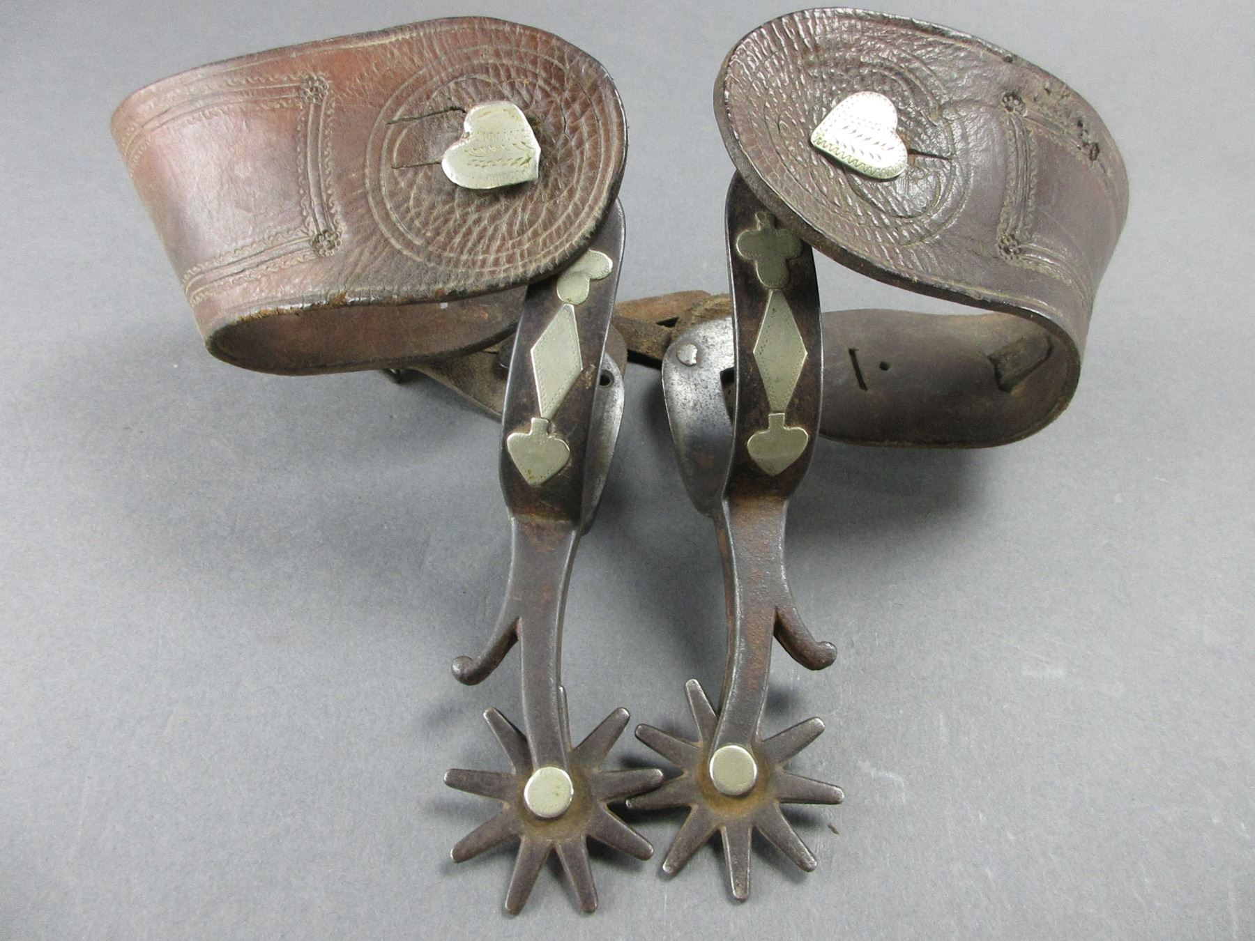 Double Mounted Kelly Bros Silver Overlaid Card Suit Spurs- .75" Bands ...
