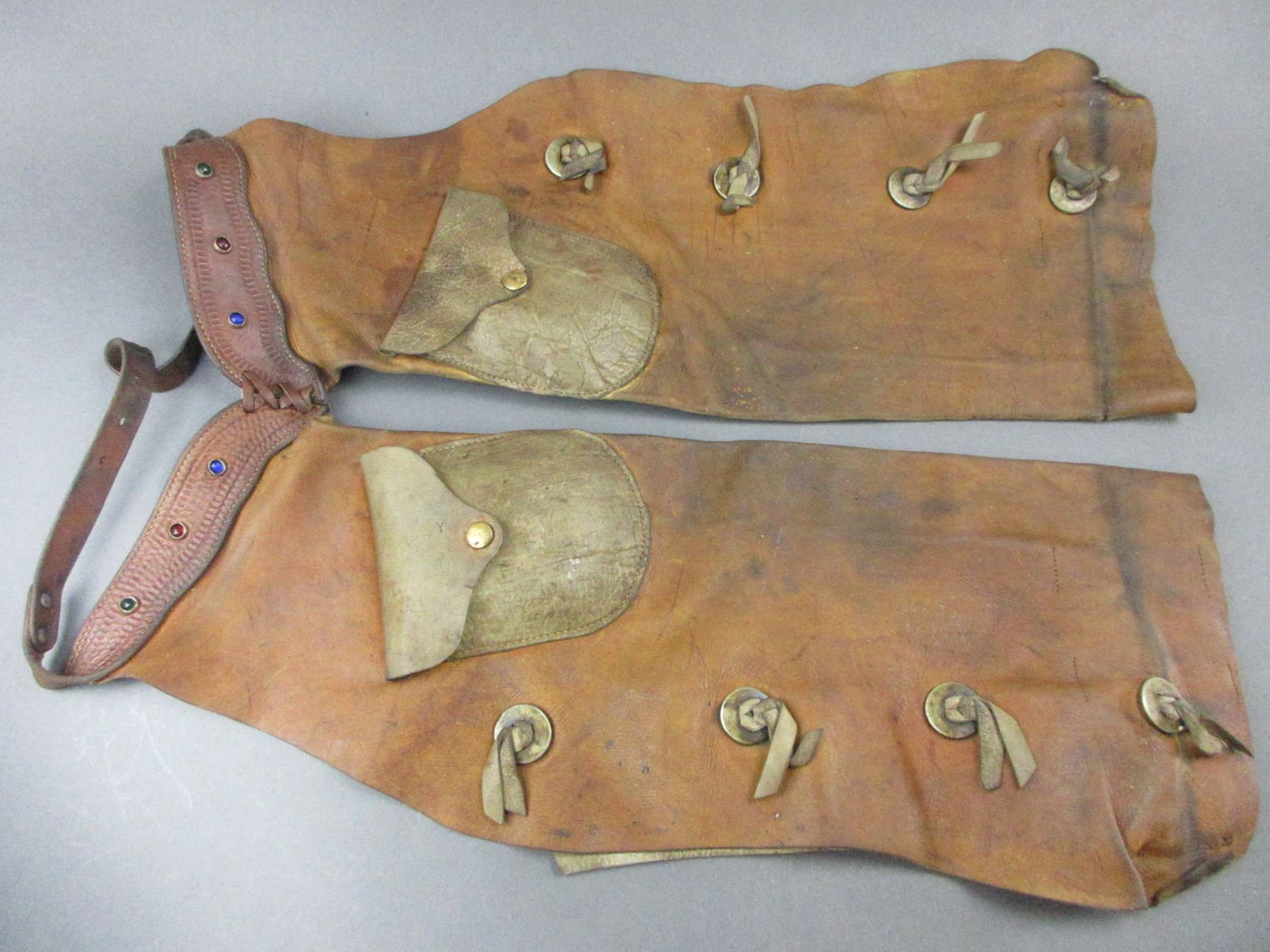 Kids Antique Step In Chaps- Pockets- Colored Dots- Stamped Belts- 8 1. ...