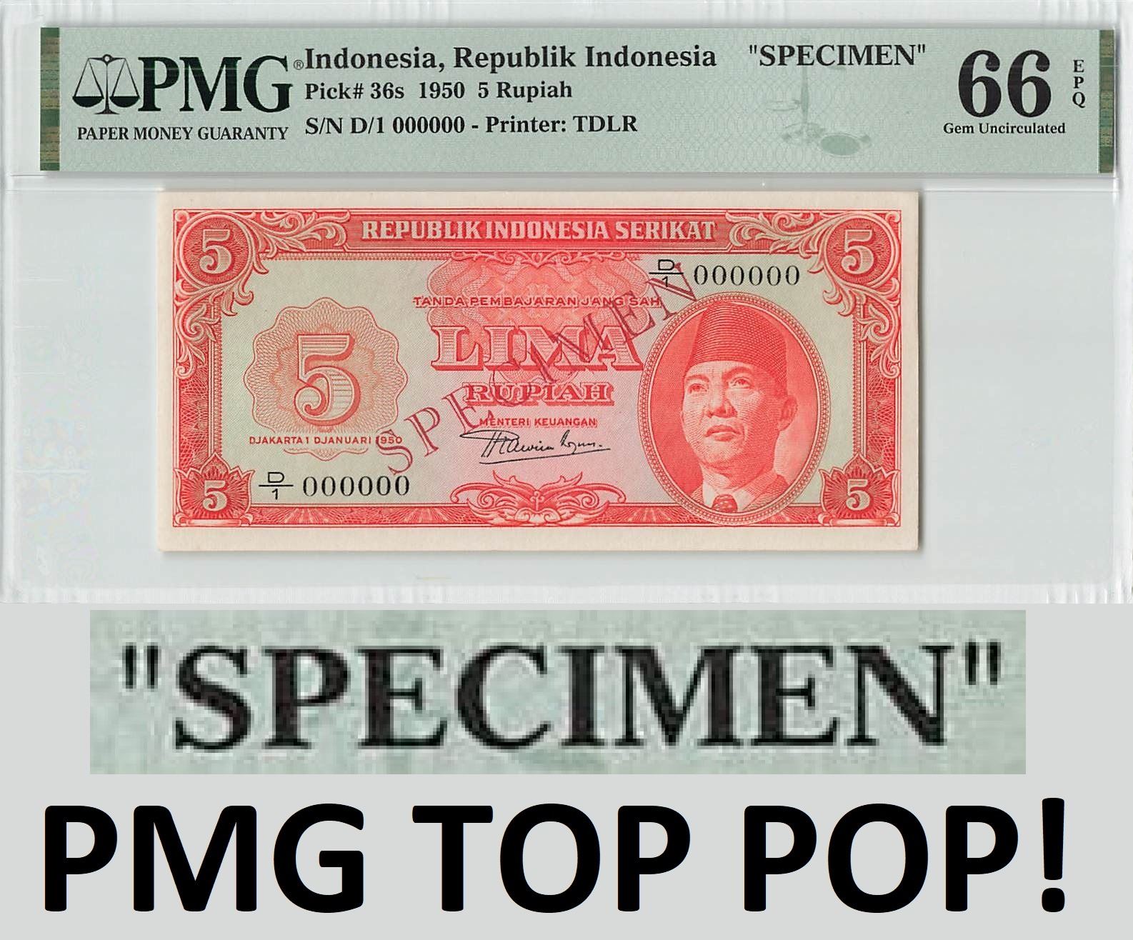 Indonesia 5 Rupiah 1950 Specimen Pick 36s PMG Gem Uncirculated 66 EPQ ...