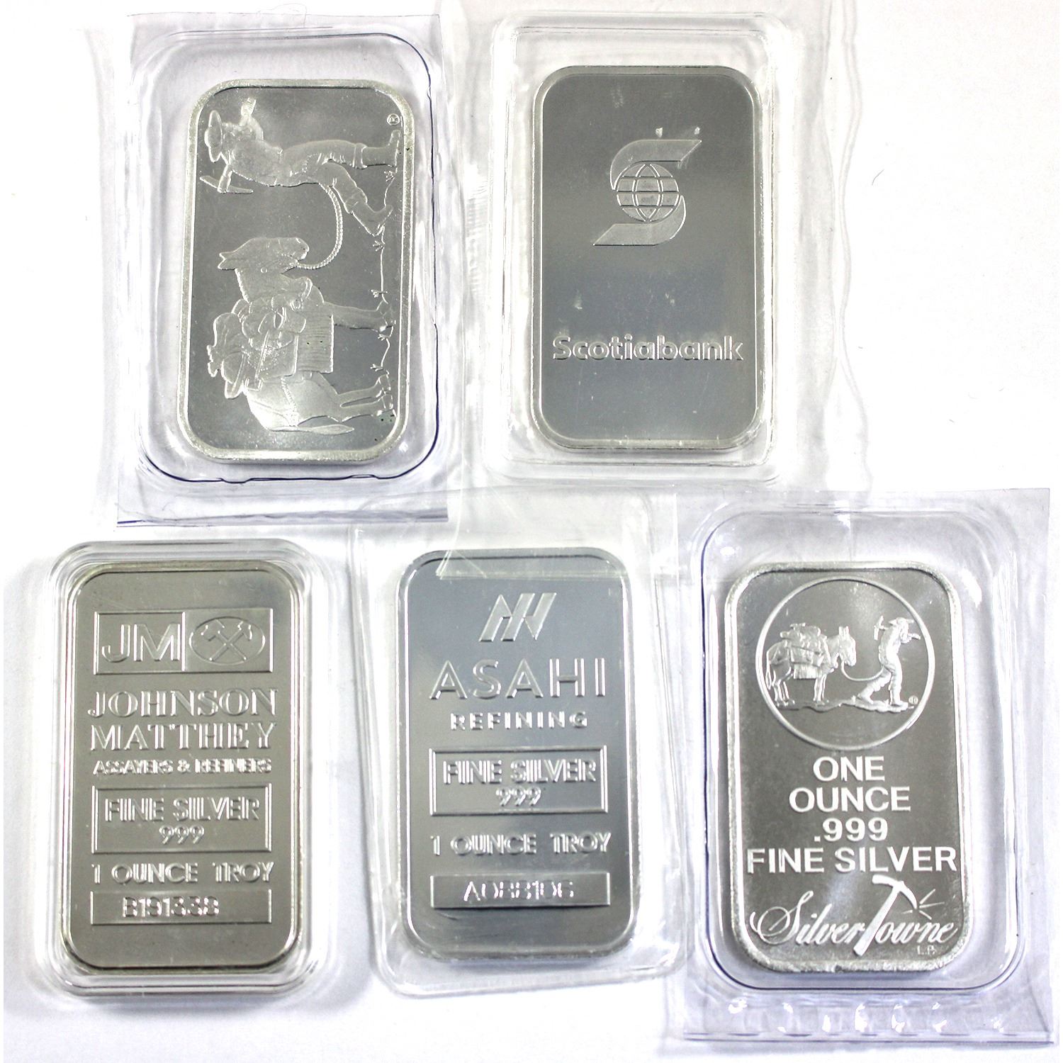 5x 1oz World .999 Silver Bars from Various Refiners. 5pcs. (Tax Exempt)