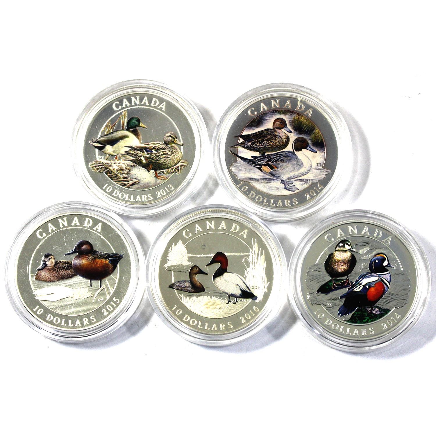 5x 2013-2016 $10 Ducks of Canada Fine Silver Coins. 5pcs. (Tax Exempt)