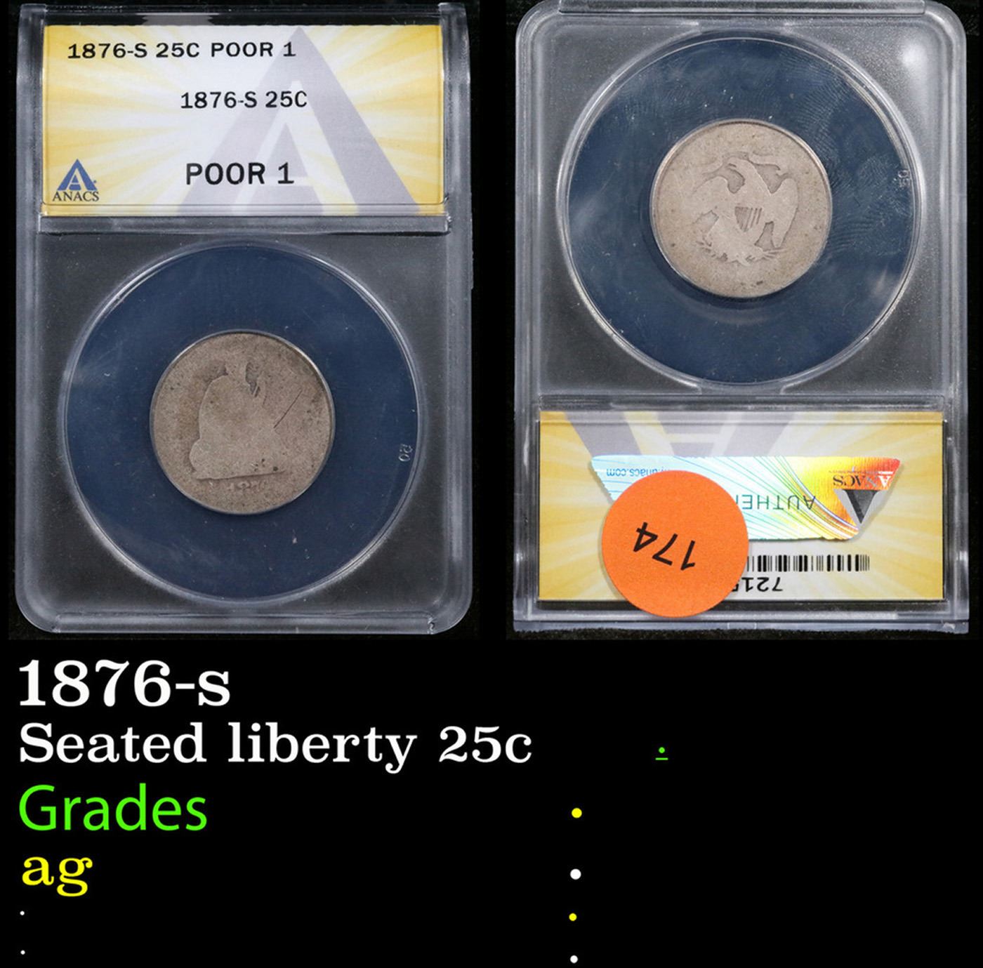 ANACS 1876-s Seated Liberty Quarter 25c Graded ag By ANACS