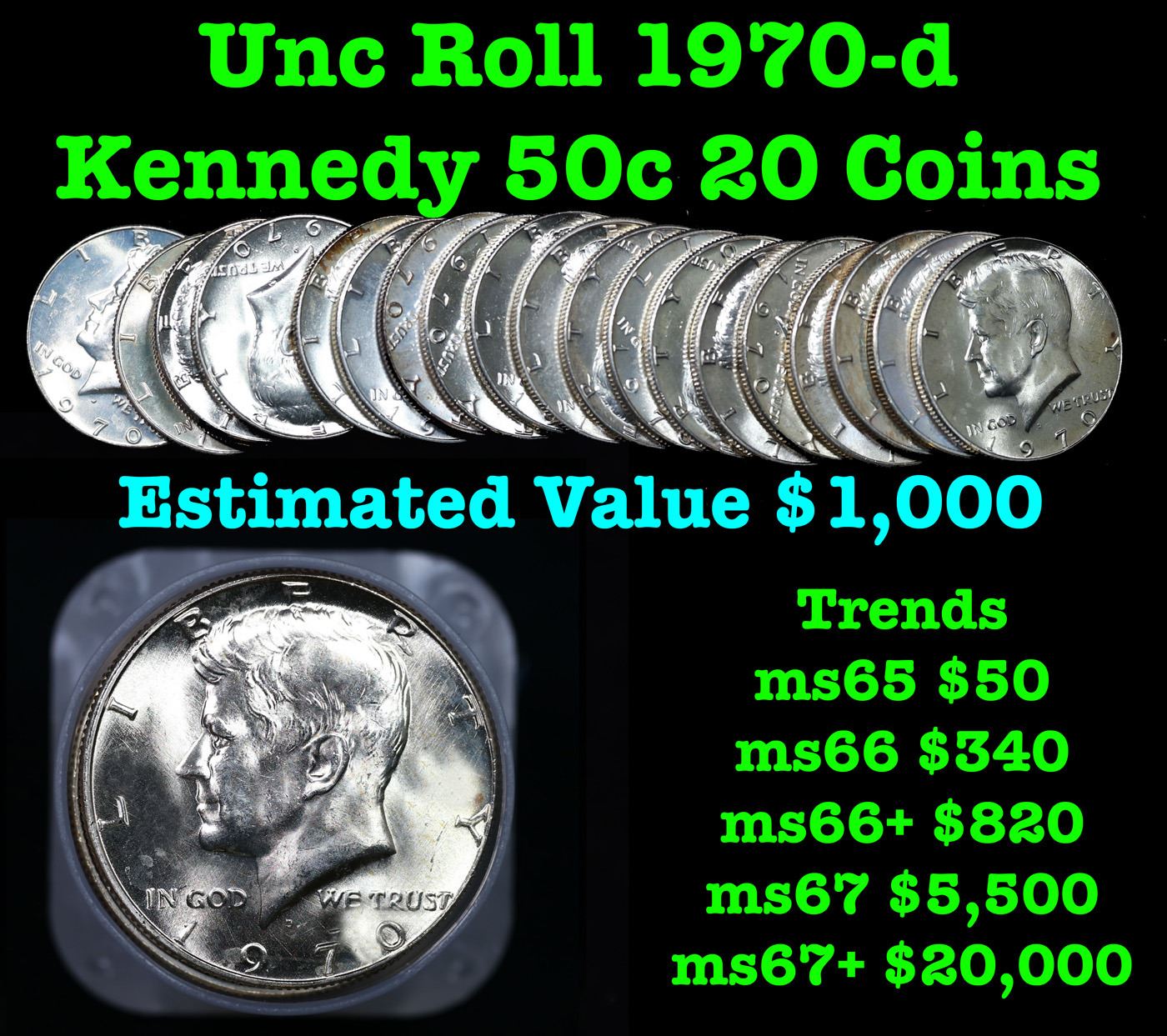 Full roll 1970-d Silver Clad Kennedy 50c, 20 Coins total Kennedy Half ...