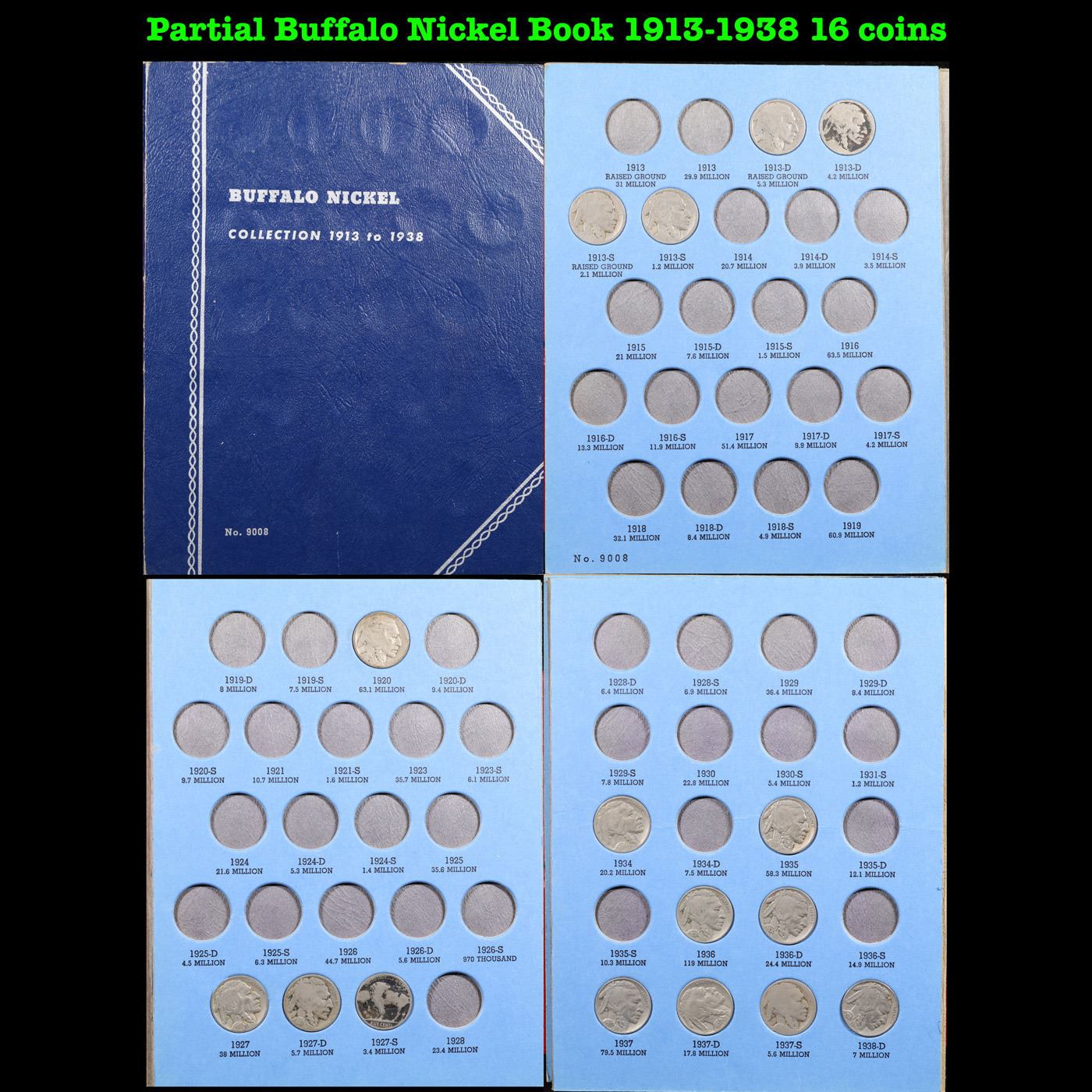 Partial Buffalo Nickel Book 1913-1938 16 coins