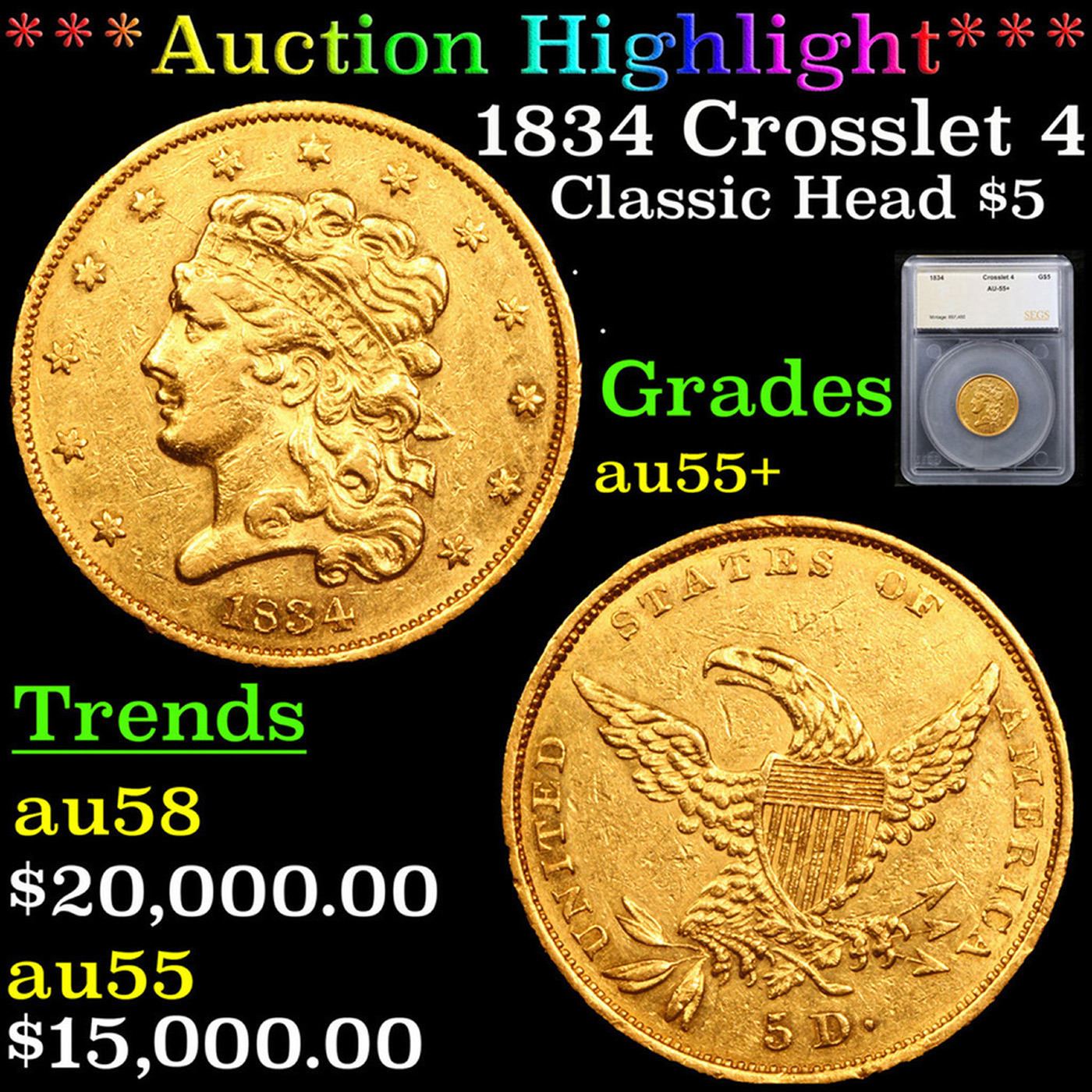 ***Auction Highlight*** 1834 Crosslet 4 Classic Head Half Eagle Gold $5 ...