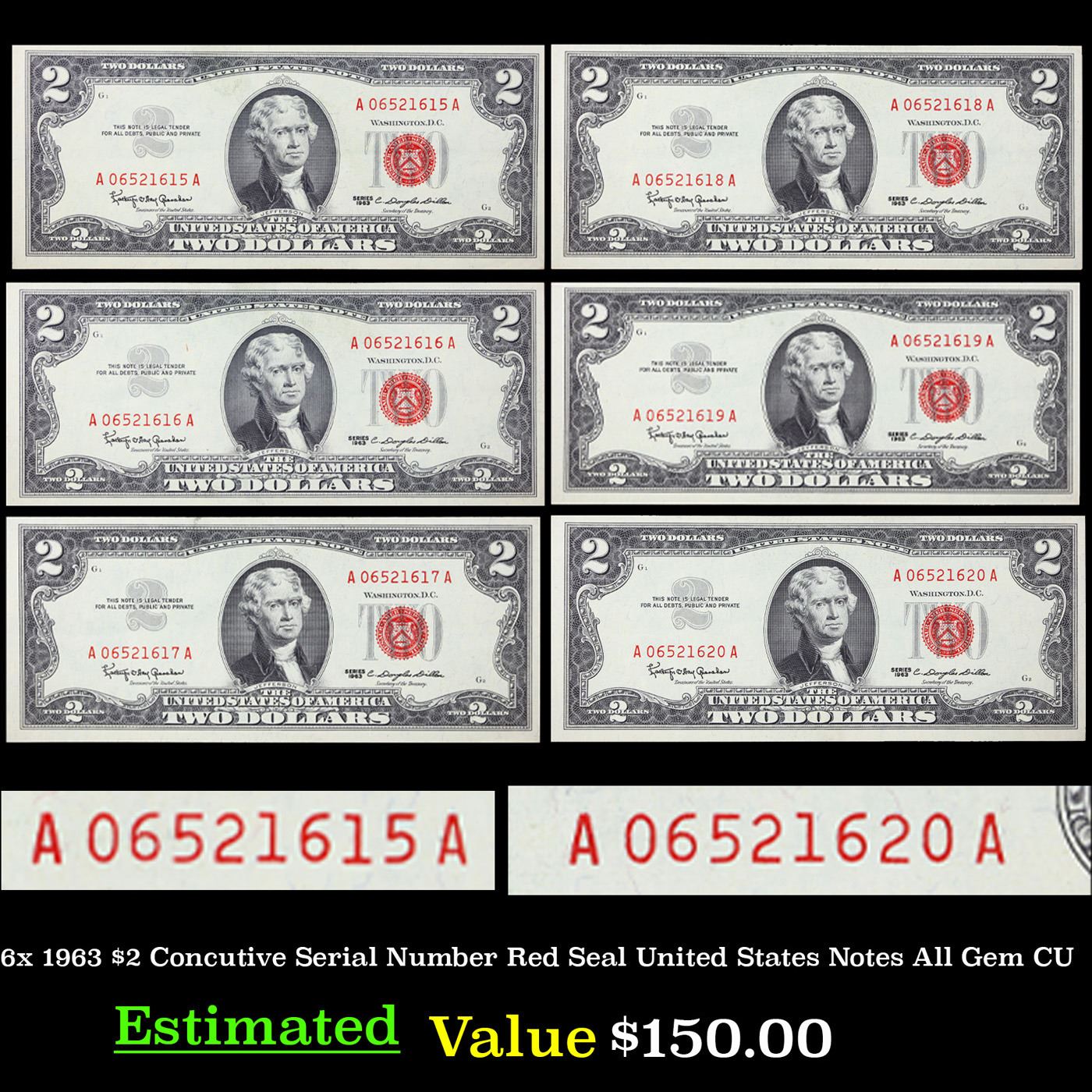 6x 1963 $2 Concutive Serial Number Red Seal United States Notes All Gem ...