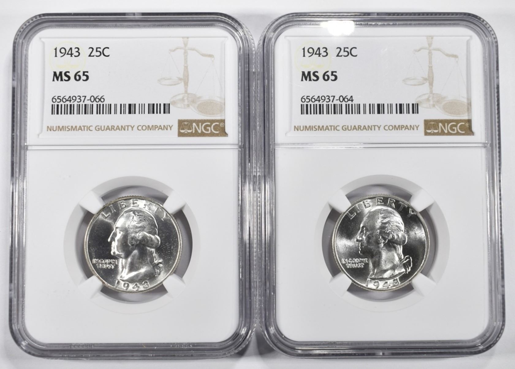 (2) 1943 WASHINGTON QUARTERS NGC MS 65