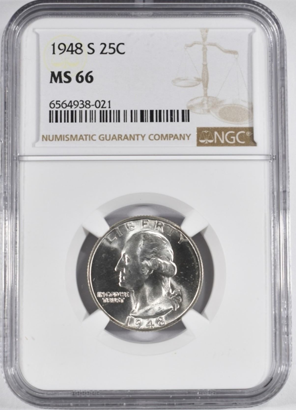 1948 S WASHINGTON QUARTER NGC MS 66