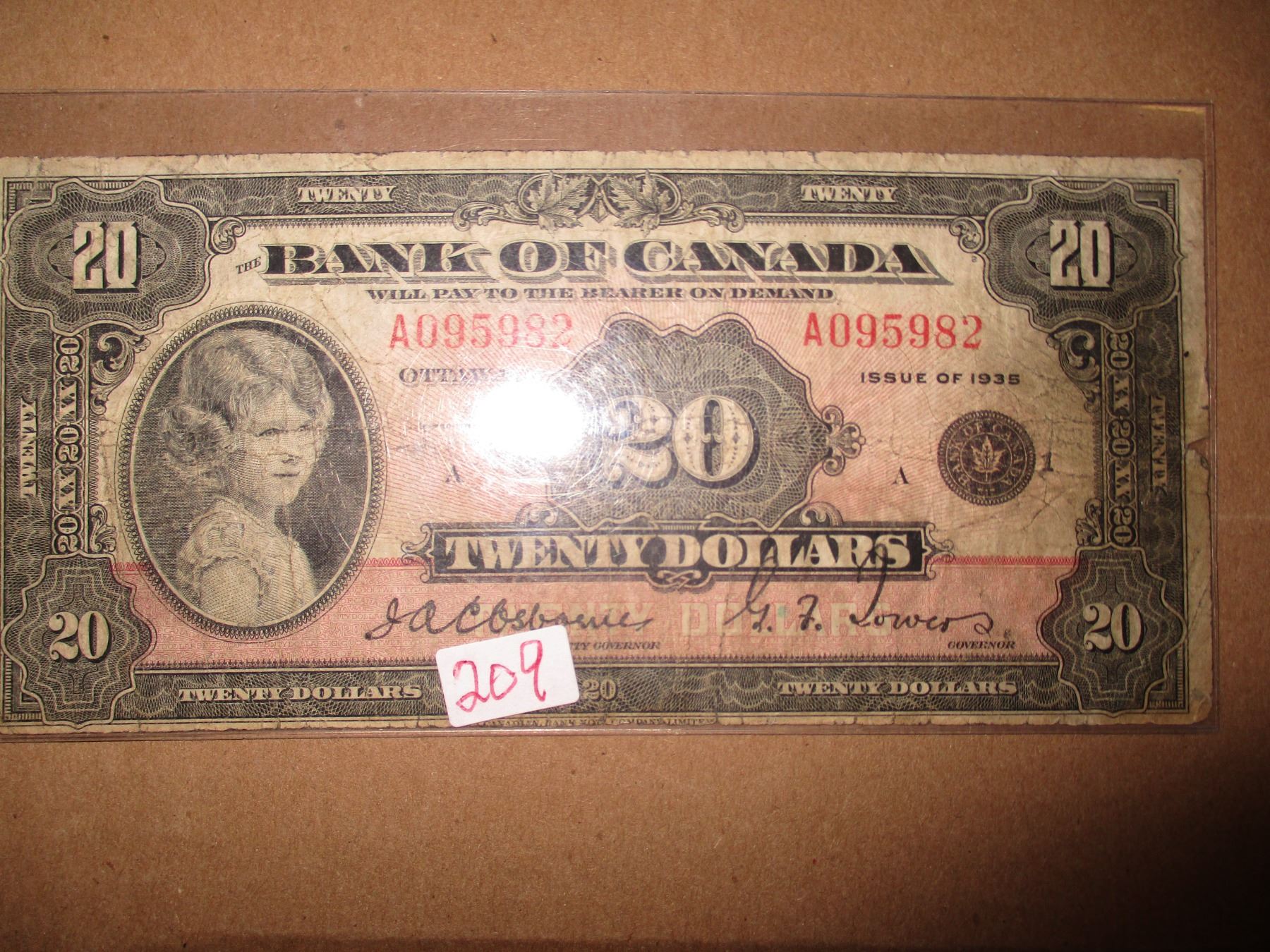 1938 CANADA $20 BILL WITH PICTURE OF QUEEN ELIZABETH AS A YOUNG GIRL