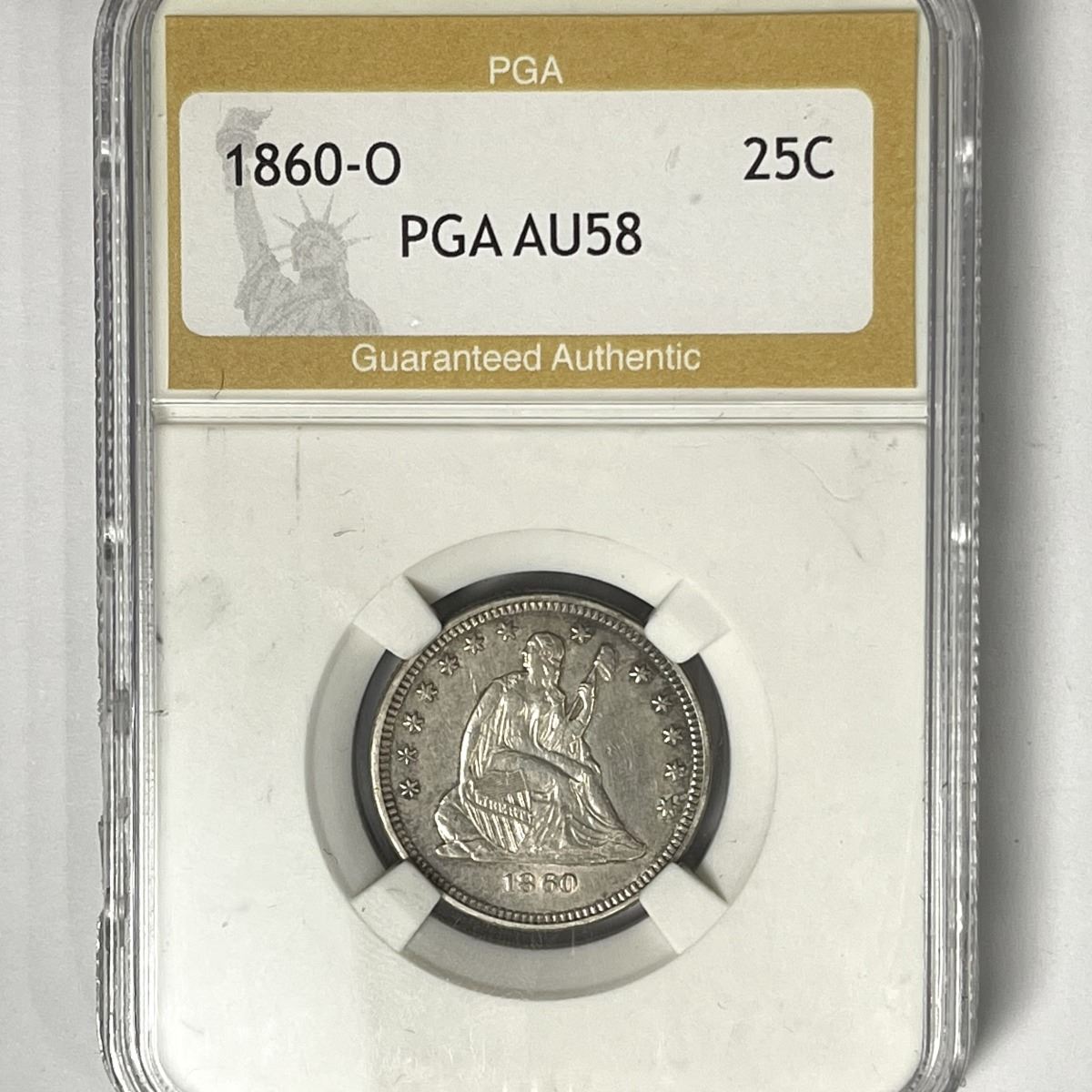 1860-O Seated Liberty Quarter PGA-AU58
