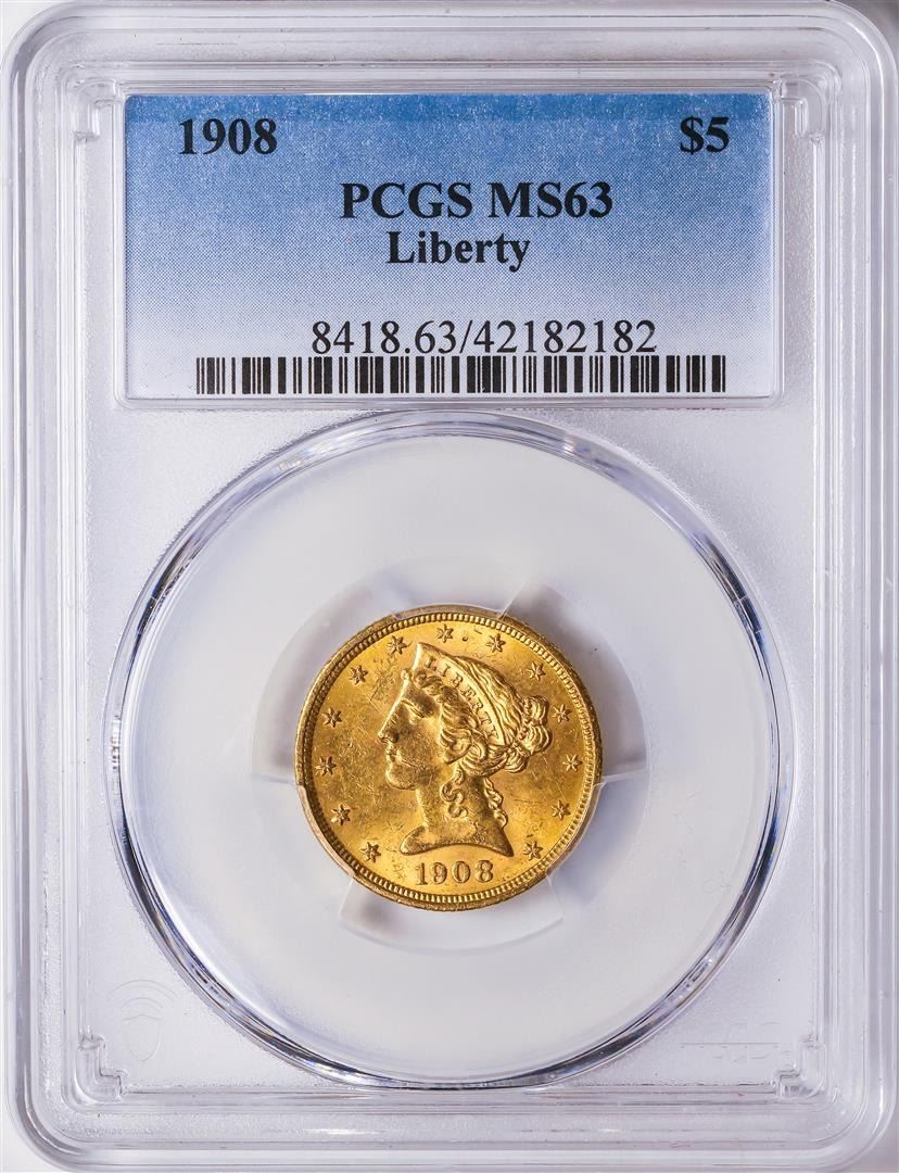 1908 $5 Liberty Head Half Eagle Gold Coin PCGS MS63