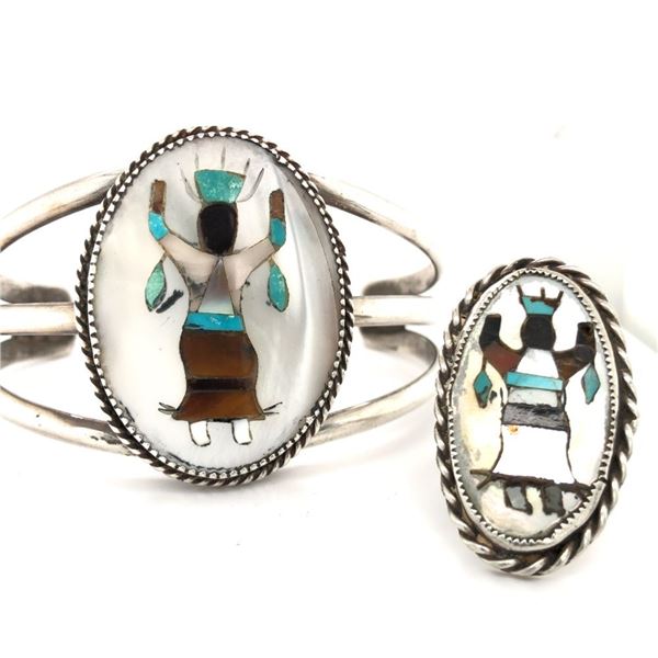 Hopi Vintage Inlay Turquoise Cuff & Ring Set