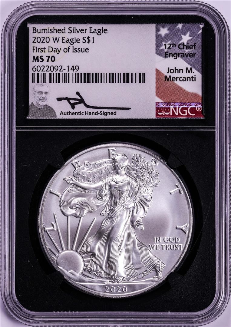 2020-W $1 Burnished American Silver Eagle Coin NGC MS70 Mercanti Signature