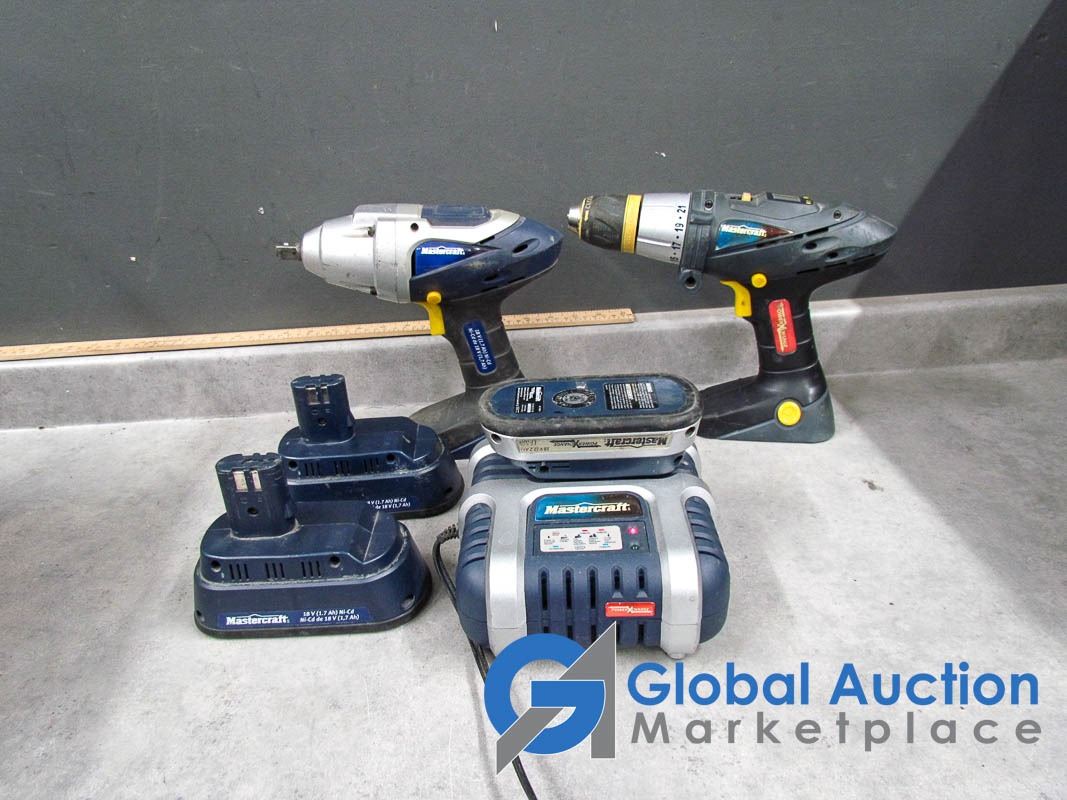 (2) Cordless 18v Master Craft Drills, (3) Batteries and a Charger