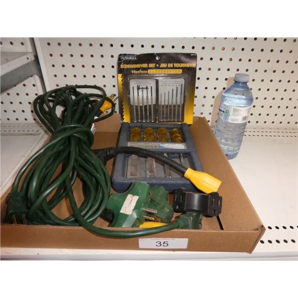 extension cord, screwdriver set, chisel set