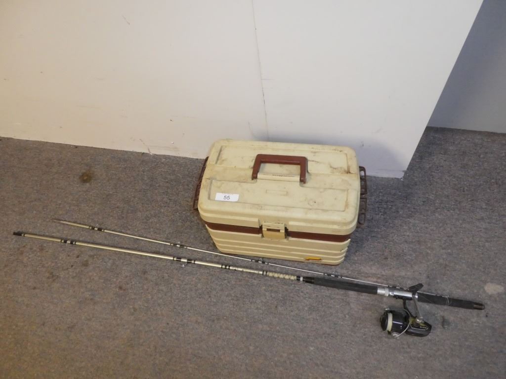fishing rod & reel & tackle box w/ contents