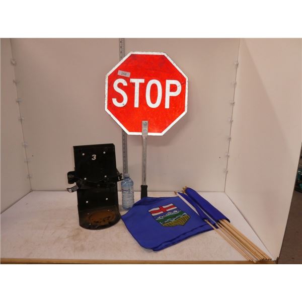 fire extinguisher holder, stop sign, AB flags