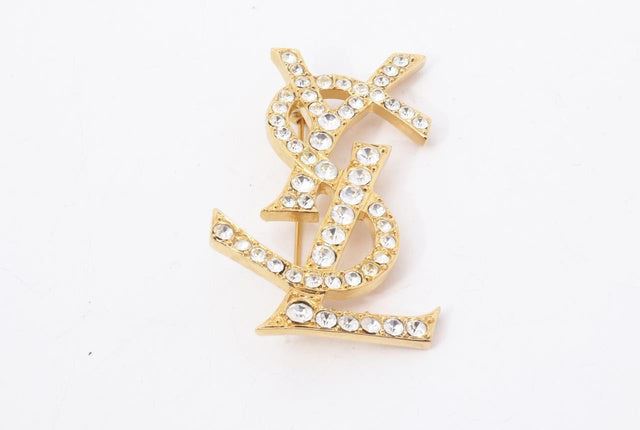 Yves Saint Laurent Vintage Gold-tone YSL Logo Rhinestone Pin Brooch