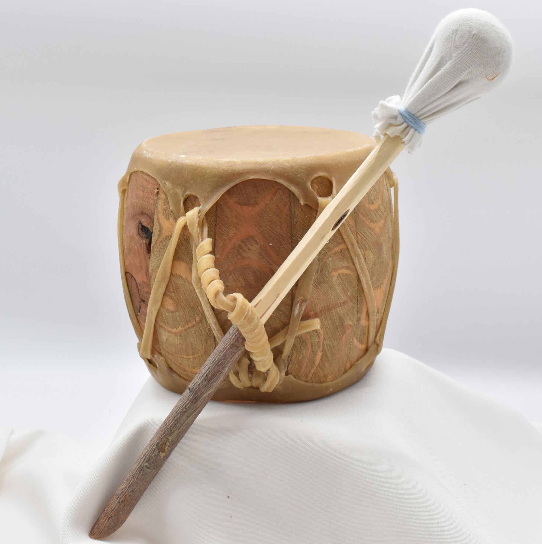 Native American Taos Pueblo Log and Hide Drum with Beater