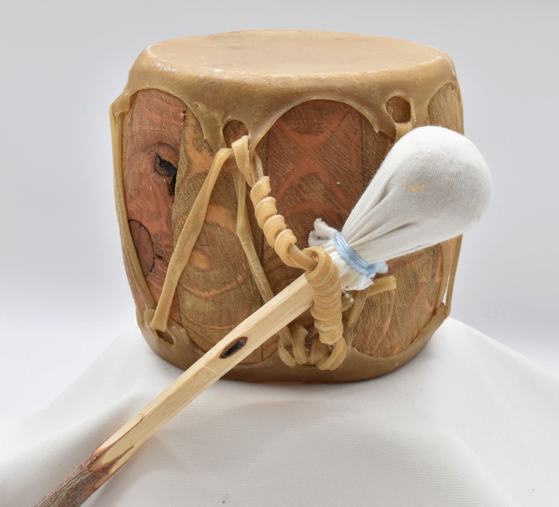 Native American Taos Pueblo Log and Hide Drum with Beater