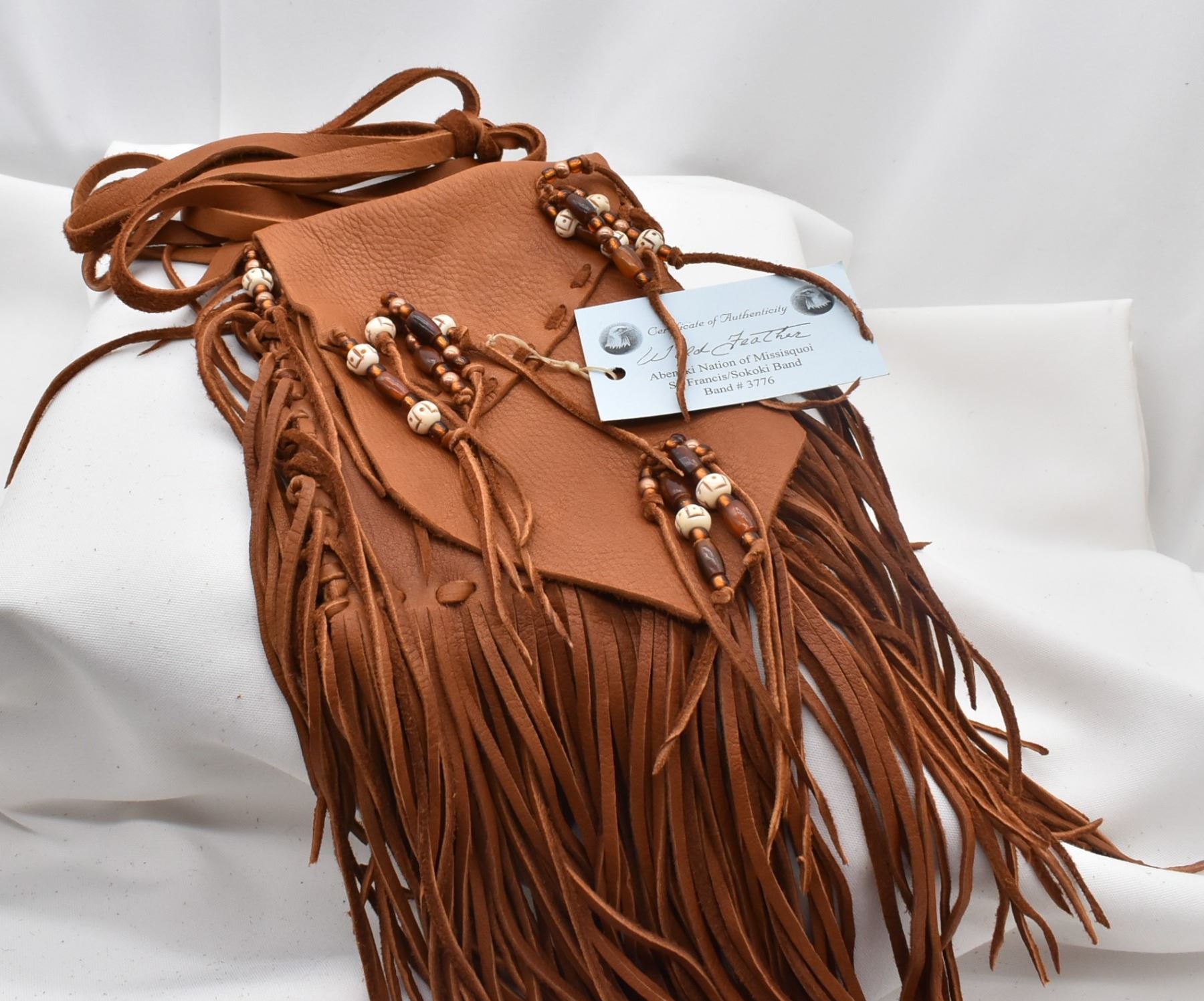 Abenaki Nation Beaded Leather Purse, Wild Feather