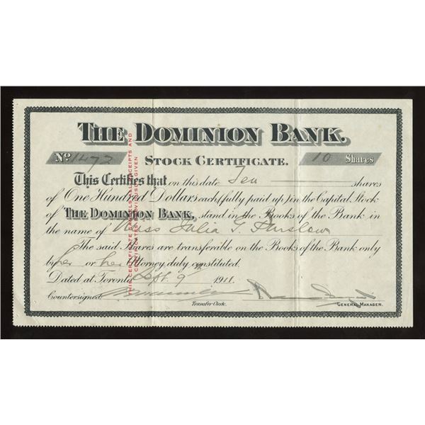 Dominion Bank 10 Shares Certificate 1911 Black Geoffrey Bell Auctions dominion-bank-10-shares-certificate-1911-black-geoffrey-bell-auctions